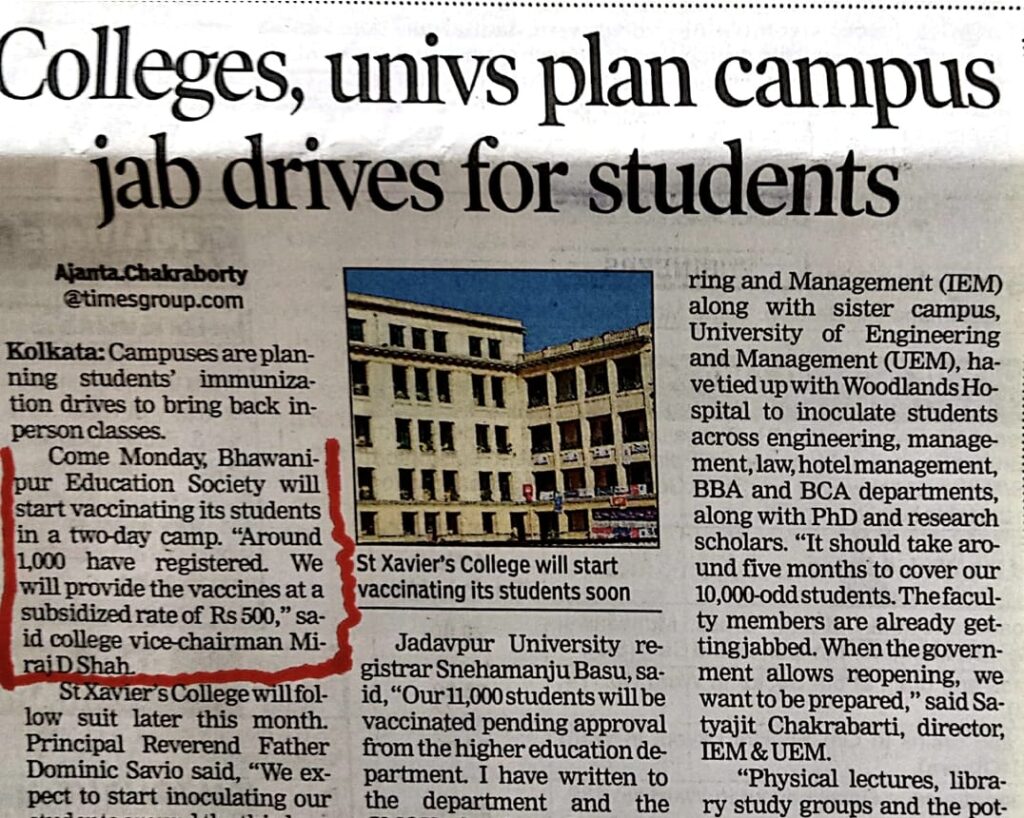 TOI Coverage of The Covid Vaccination Drive held by The Bhawanipur ...